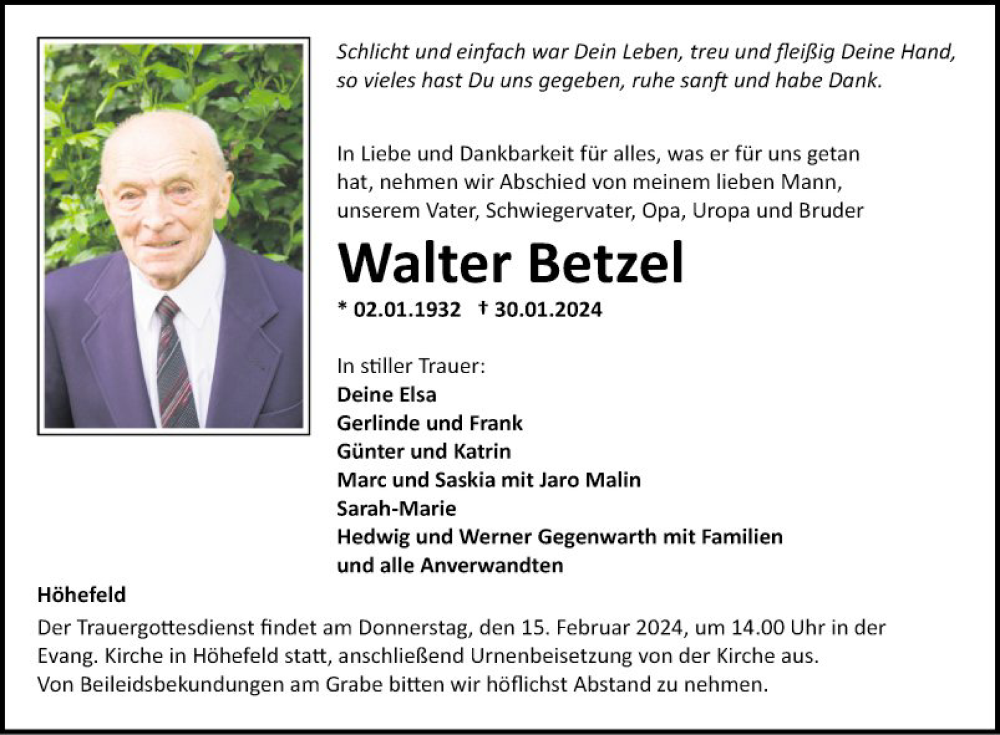 Traueranzeigen von Walter Betzel | Trauerportal Ihrer Tageszeitung