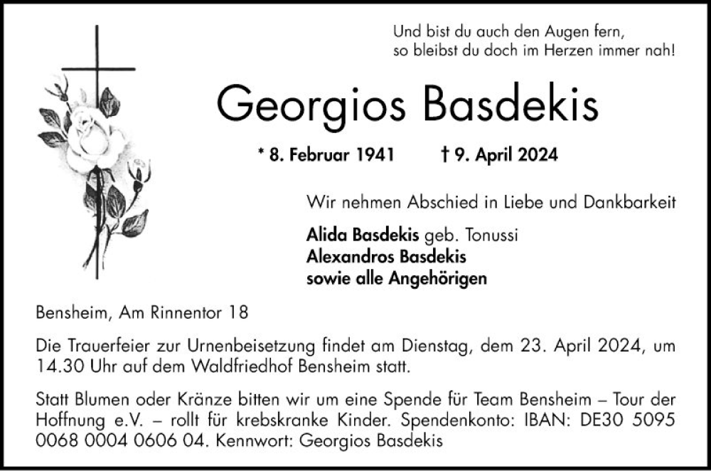 Traueranzeigen von Georgios Basdekis | Trauerportal Ihrer Tageszeitung