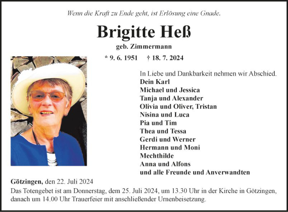 Traueranzeigen von Brigitte Heß | Trauerportal Ihrer Tageszeitung