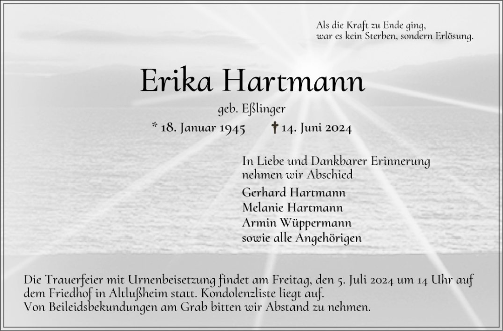 Traueranzeigen von Erika Hartmann | Trauerportal Ihrer Tageszeitung