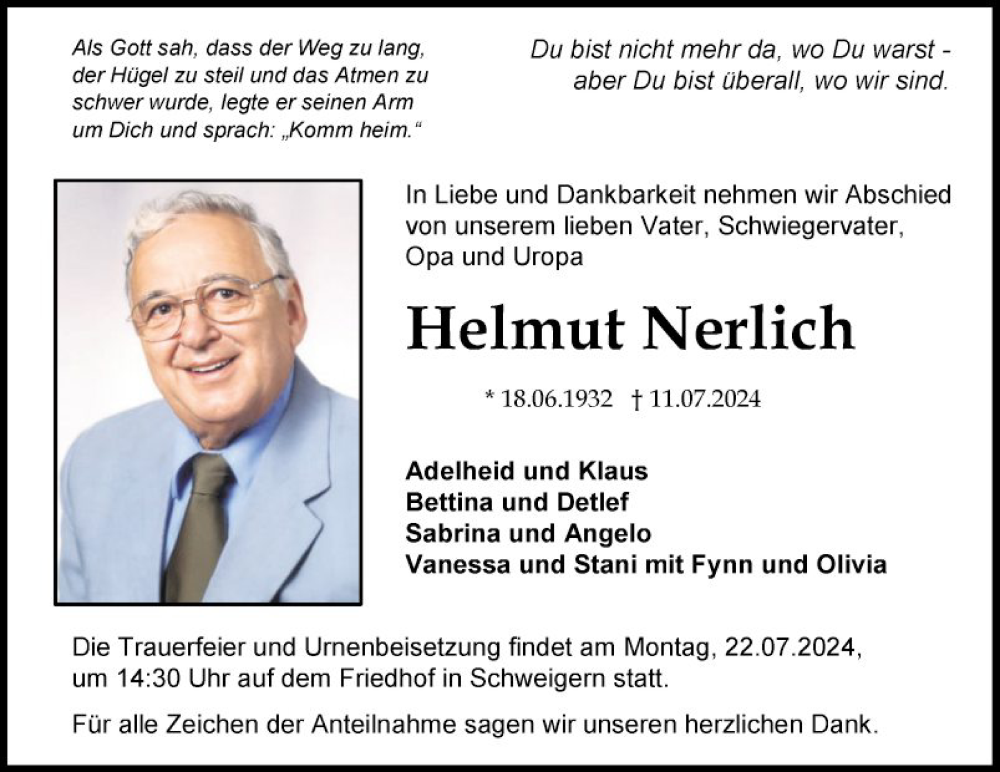 Traueranzeigen von Helmut Nerlich | Trauerportal Ihrer Tageszeitung