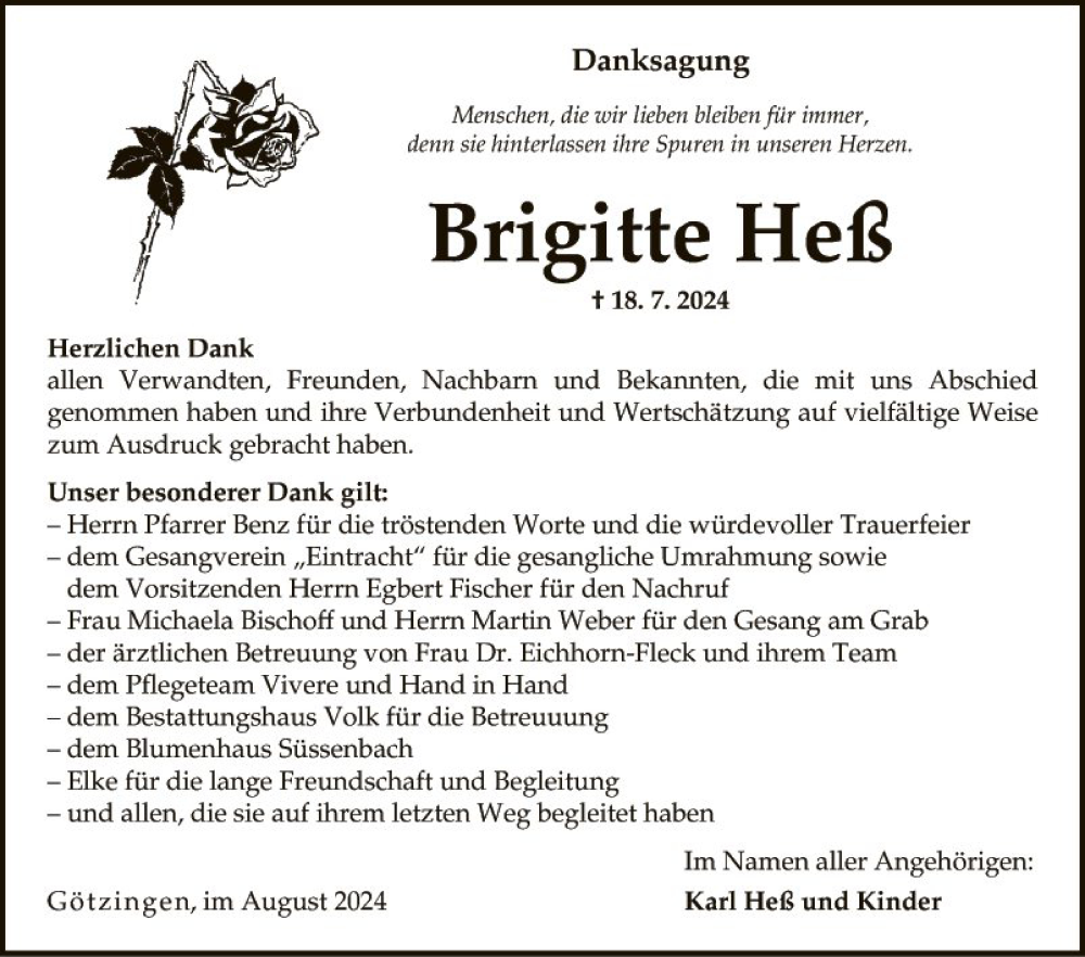 Traueranzeigen von Brigitte Heß | Trauerportal Ihrer Tageszeitung
