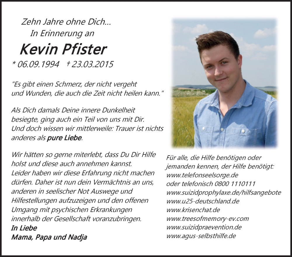 Traueranzeigen von Kevin Pfister | Trauerportal Ihrer Tageszeitung