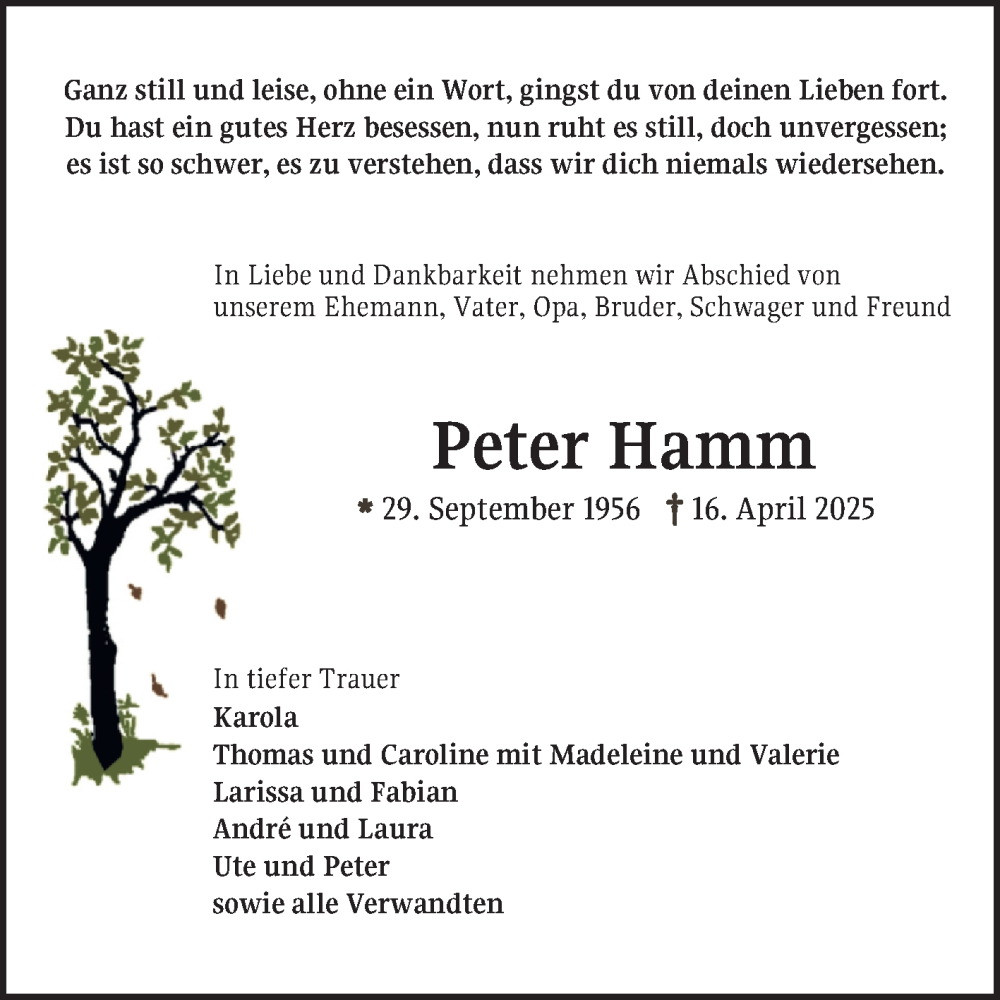 Traueranzeigen von Peter Hamm | Trauerportal Ihrer Tageszeitung