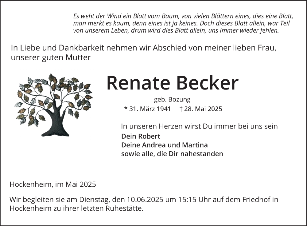 Traueranzeigen von Renate Becker | Trauerportal Ihrer Tageszeitung