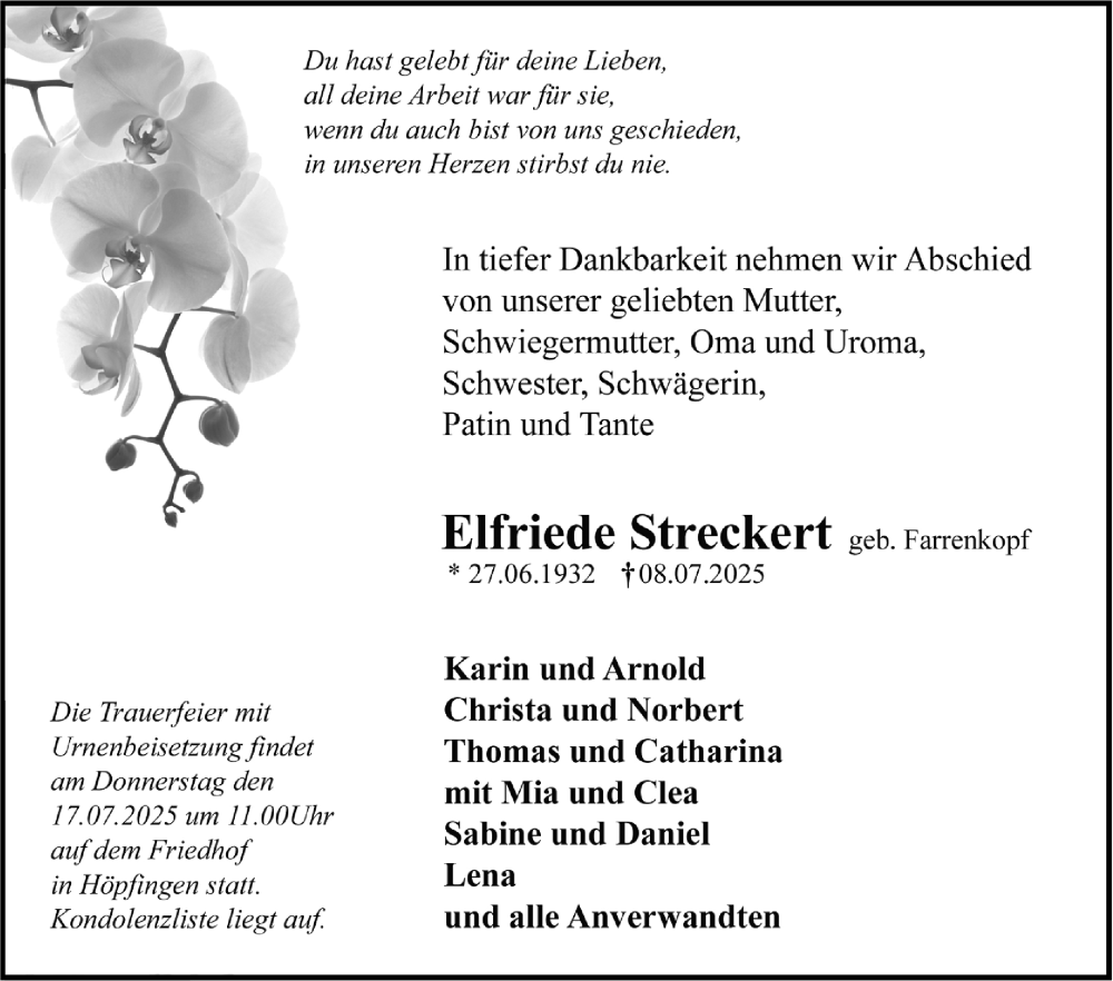 Traueranzeigen von Elfriede Streckert | Trauerportal Ihrer Tageszeitung