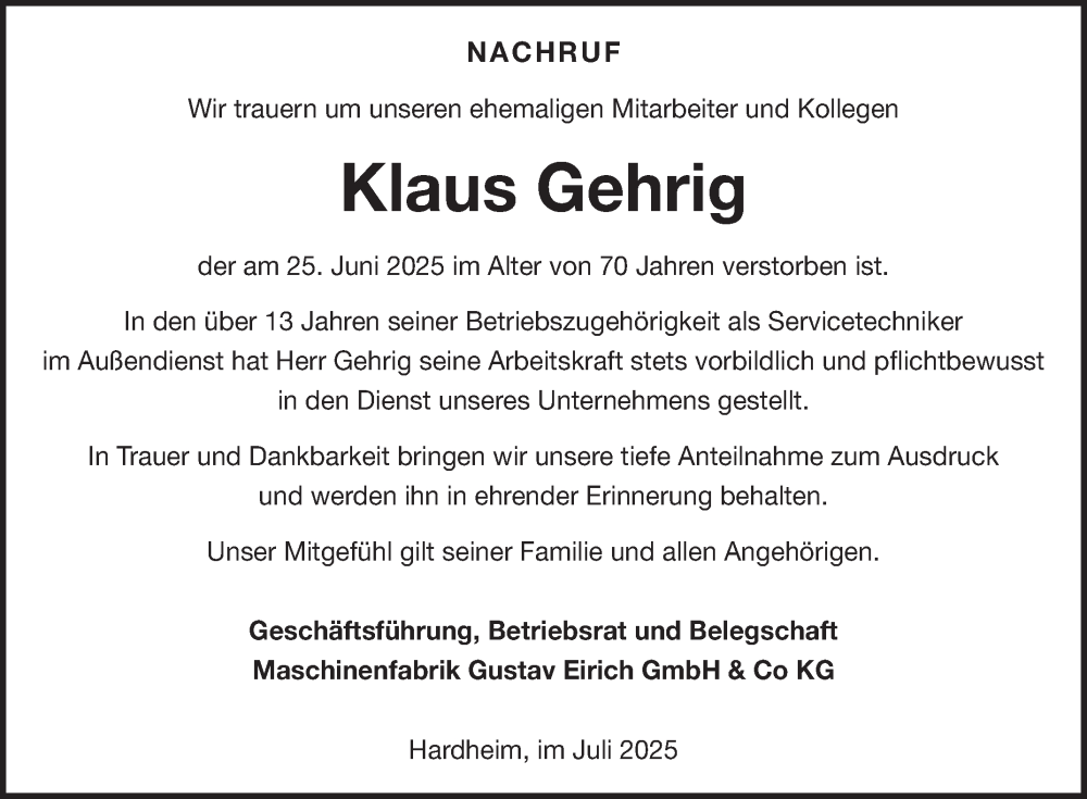 Traueranzeigen von Klaus Gehrig | Trauerportal Ihrer Tageszeitung