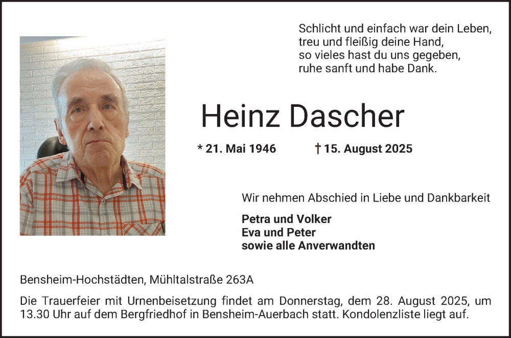 Traueranzeigen von Heinz Dascher | Trauerportal Ihrer Tageszeitung
